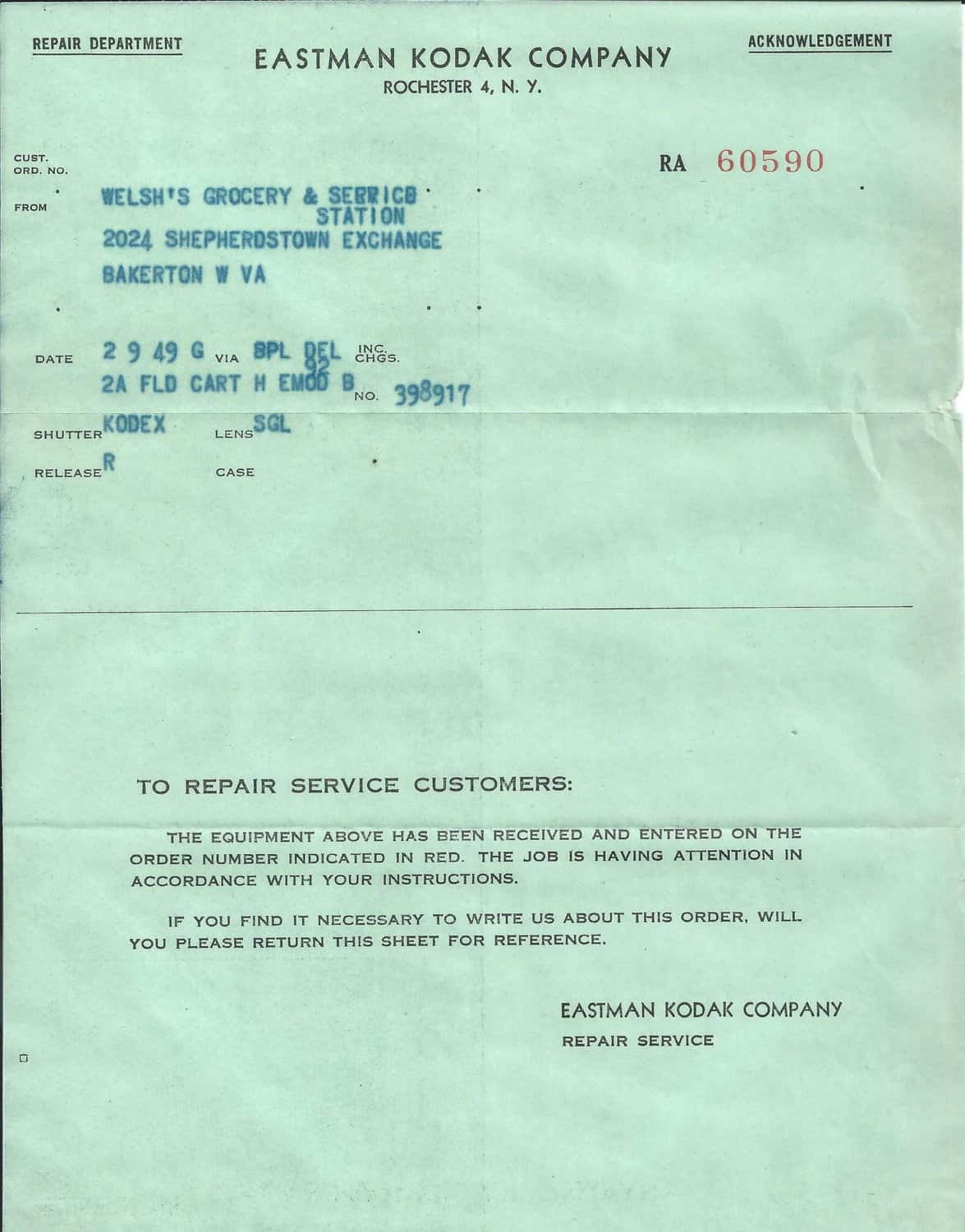 Eastman Kodak Company Repair Acknowledgement - The Welsh of Harpers Ferry